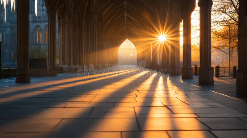 A Sunlit Walkway in a Gothic Cathedral, with the Sun S Rays Creating a ...