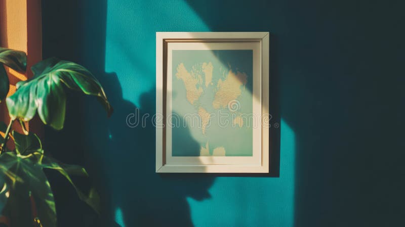 Sunlit Wall Decor Featuring Framed Map with Green Plant Shadow Stock ...