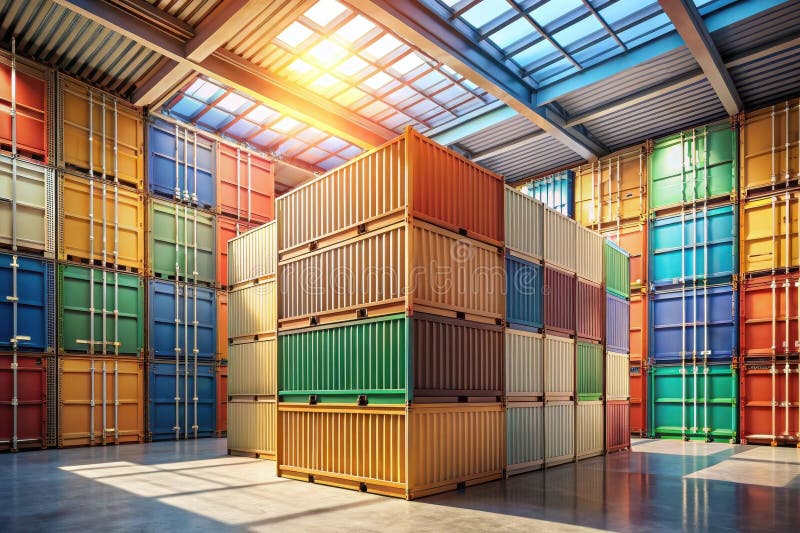 A Sunlit Warehouse Interior Showcasing a Vibrant Array of Stacked Cargo ...