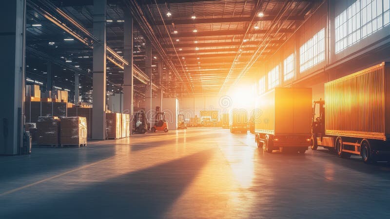 A Sunlit Warehouse Interior with Trucks and Pallets, Showcasing ...