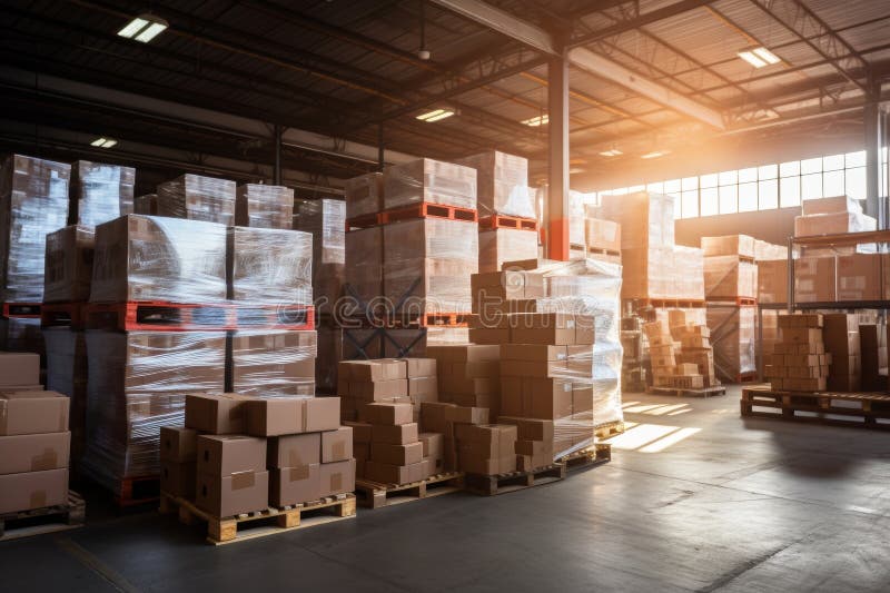 Sunlit Warehouse Overflowing with Neatly Stacked Cardboard Boxes in ...