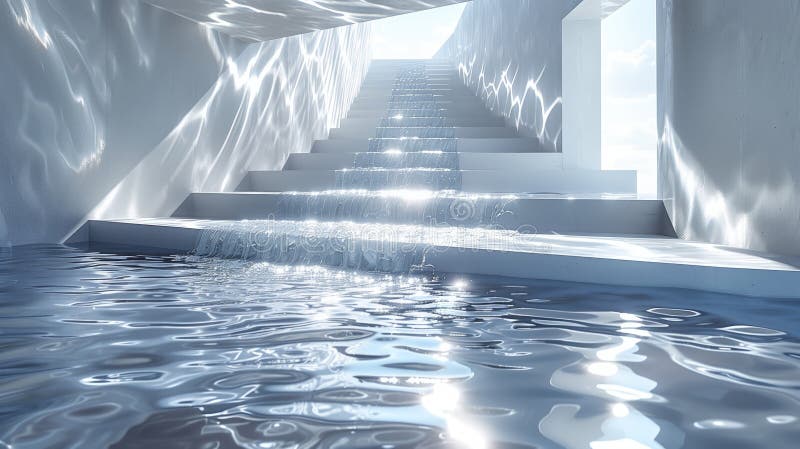 Sunlit Water Cascading Down Steps in Modern White Pool Stock Photo ...