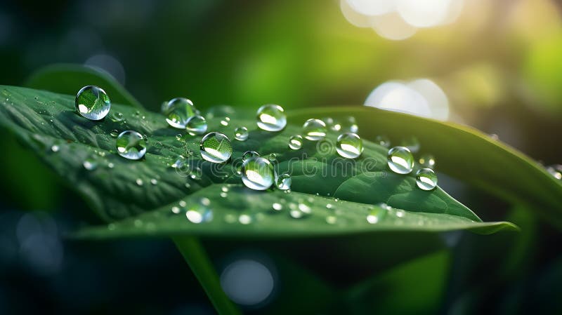 Sunlit Water Drops on Leaf Creating Beautiful Bokeh. AI Generative ...