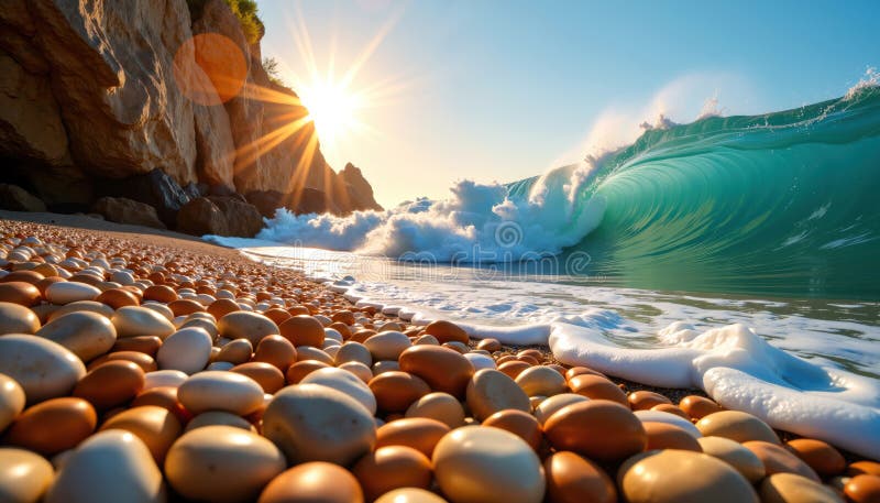 Sunlit Wave Crashing on a Pebble Beach Stock Illustration ...