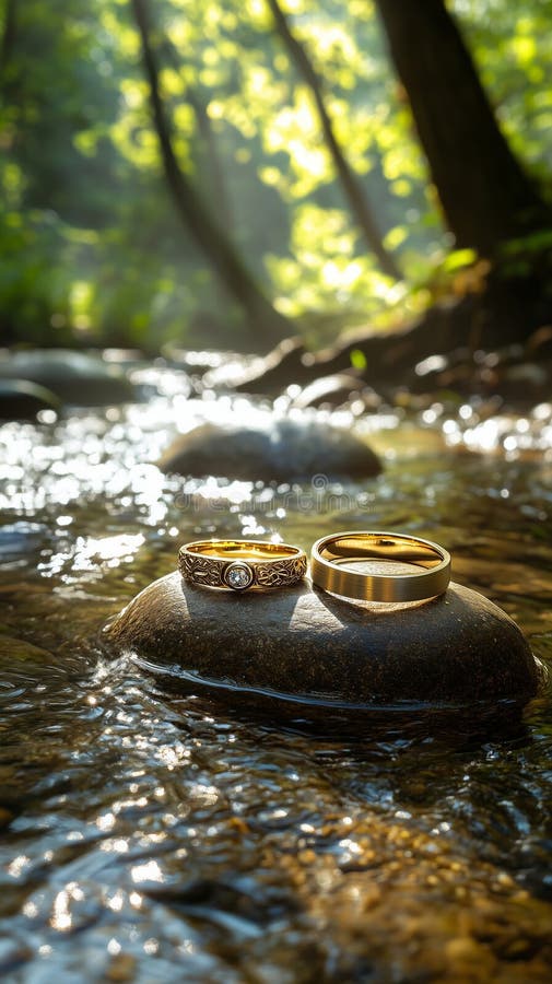 Sunlit Wedding Rings on River Rock in Forest Setting Stock Photo ...