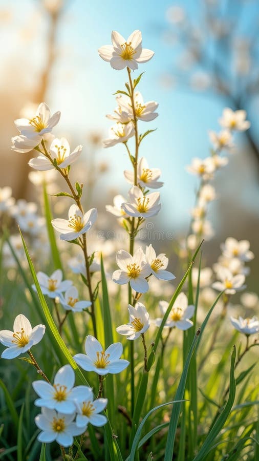 Sunlit White Flowers Blooming in a Spring Meadow Stock Image - Image of ...