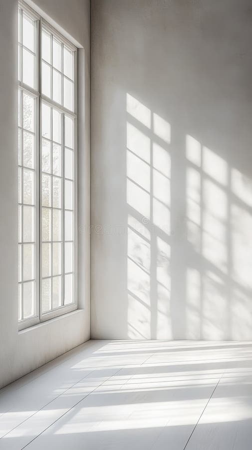 A Clean, Minimalist White Studio Room with Sunlight and Shadow Patterns ...