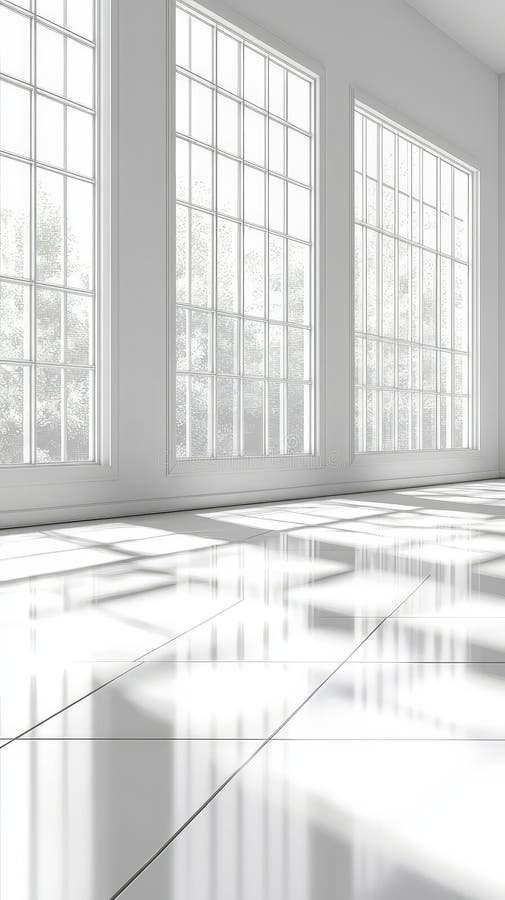 A Clean, Minimalist White Studio Room with Sunlight and Shadow Patterns ...