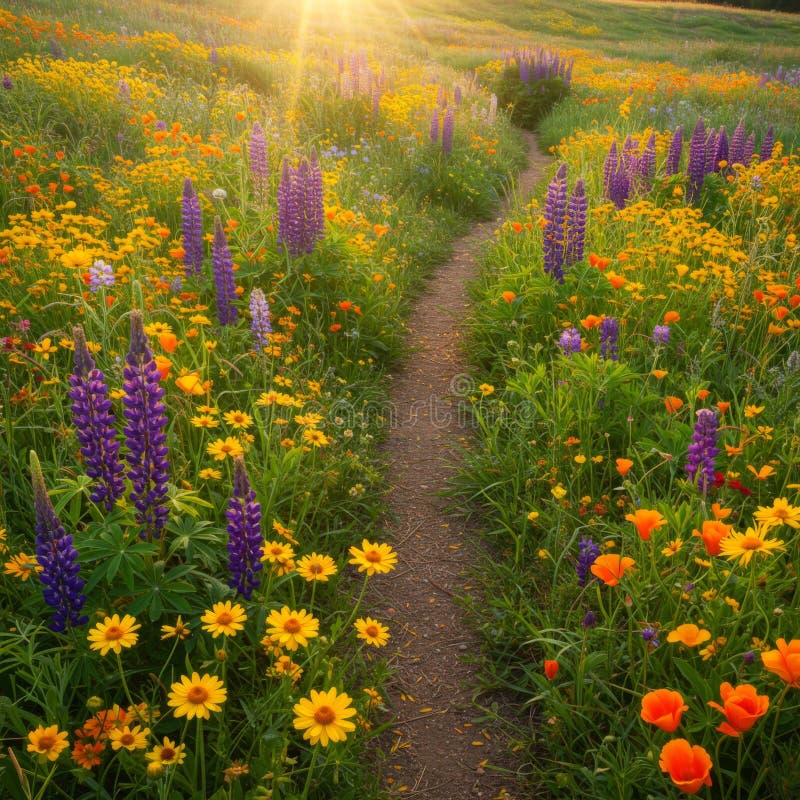 Sunlit Wildflower Meadow Path Stock Illustration - Illustration of meadow, pathway: 384686120