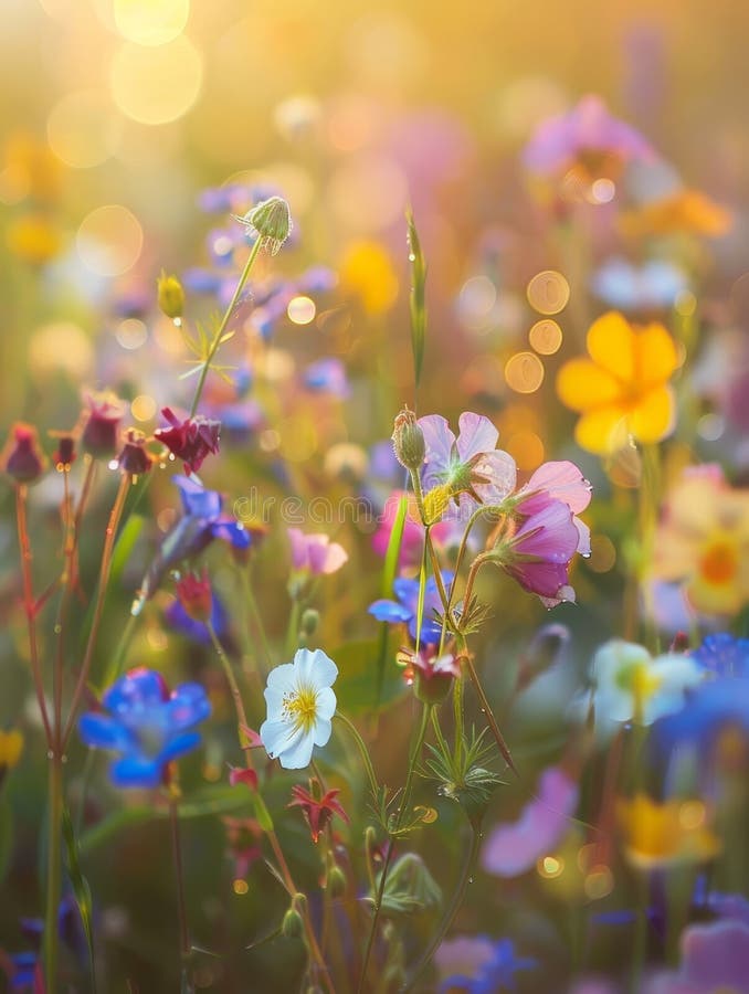 Sunlit Wildflowers Bask in the Warm Glow of the Golden Hour Light ...