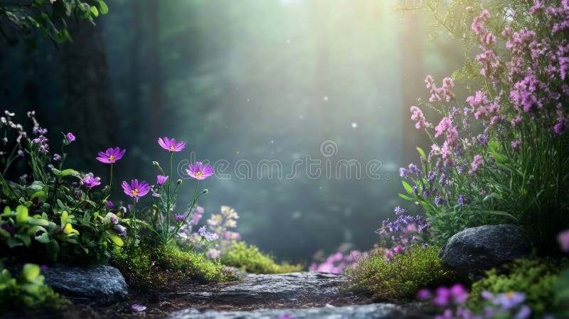 Sunlit Wildflowers in a Serene Forest Setting Stock Image - Image of ...