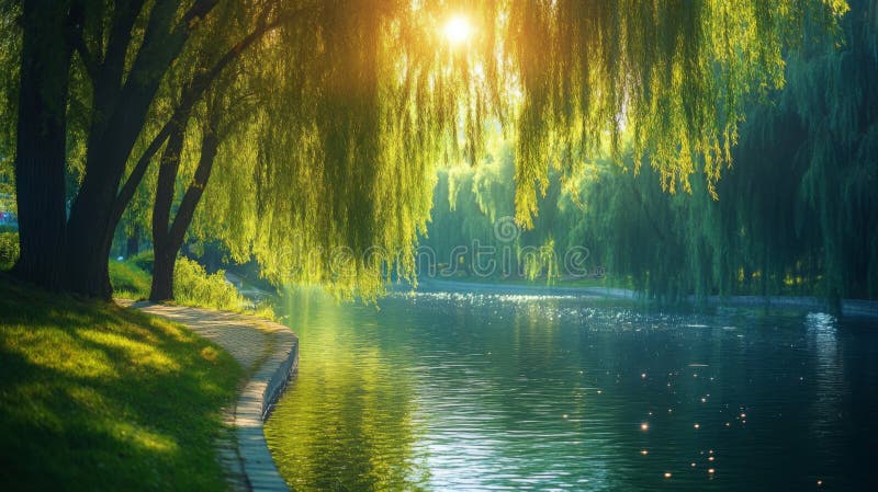 Sunlit Willow Trees Overhanging Calm Riverbank Stock Illustration ...