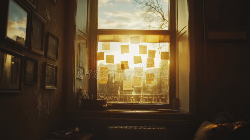 Sunlit Window Displaying Many Notes and Pictures Stock Illustration ...