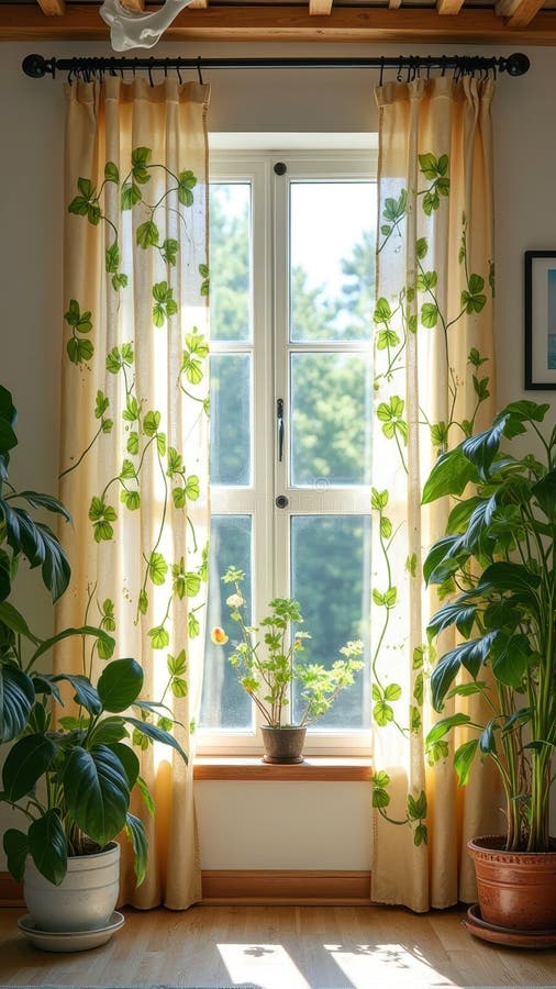 Sunlit Window with Green Plant Curtains and Houseplants in Cozy ...