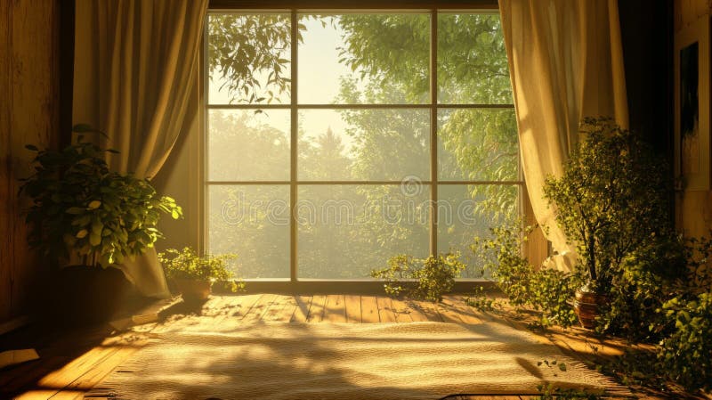 Sunlit Window with Greenery and Wooden Floor Stock Illustration ...