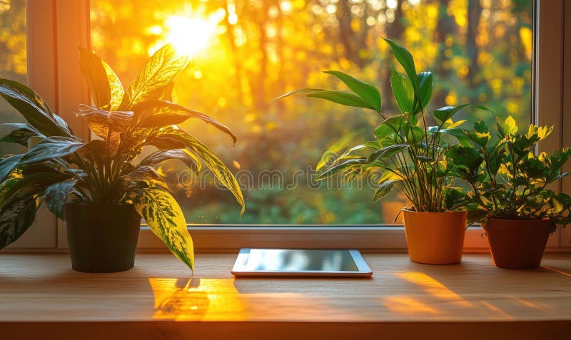 Sunlit Window with Indoor Plants and Tablet in Cozy Autumn Setting ...
