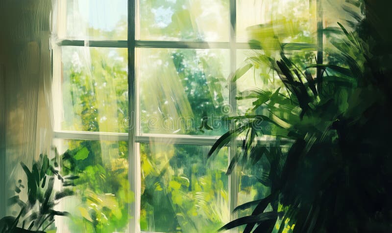 Sunlit Window with Lush Greenery and Vibrant Nature View Stock Photo ...