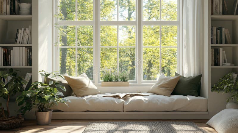 Sunlit Window Seat with Bookshelves and Plants Stock Illustration - Illustration of tranquil ...