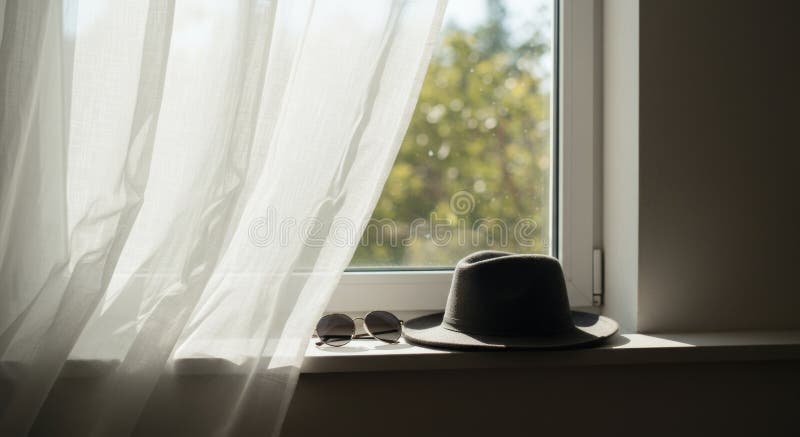 Sunlit Window Sill with Hat and Sunglasses in Cozy Interior Setting ...