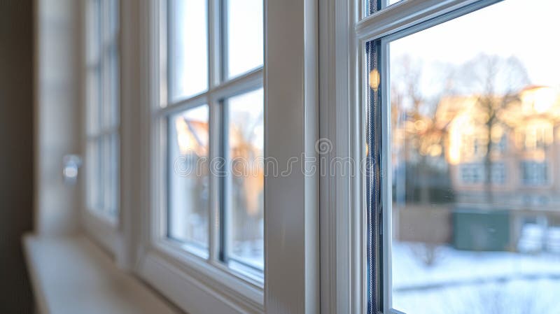 Sunlit Window with View of a Winter Neighborhood, Bright and Cozy ...