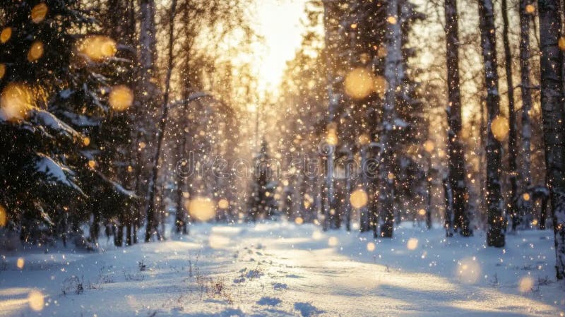 Sunlit Winter Forest Path Snow Falling Softly Stock Illustration ...