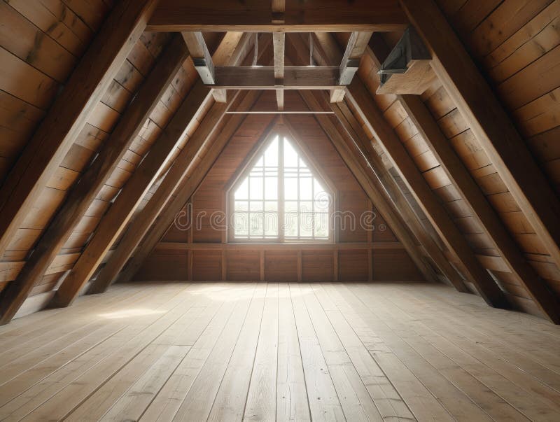 Sunlit Wooden Attic with Large Window Stock Photo - Image of rustic ...