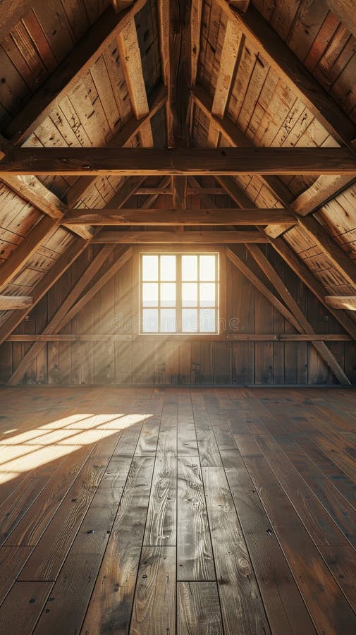 Sunlit Wooden Attic with Window, Empty Loft Space. Rustic Charm and ...