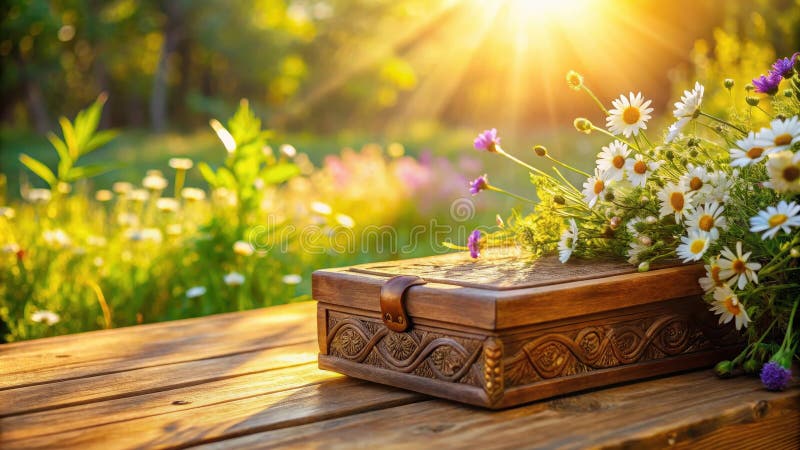 Sunlit Wooden Box with Wildflowers on a Rustic Table. Generative AI ...