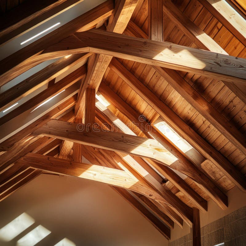 Sunlit Wooden Ceiling Beams in Rustic Architecture Highlighting Warm ...