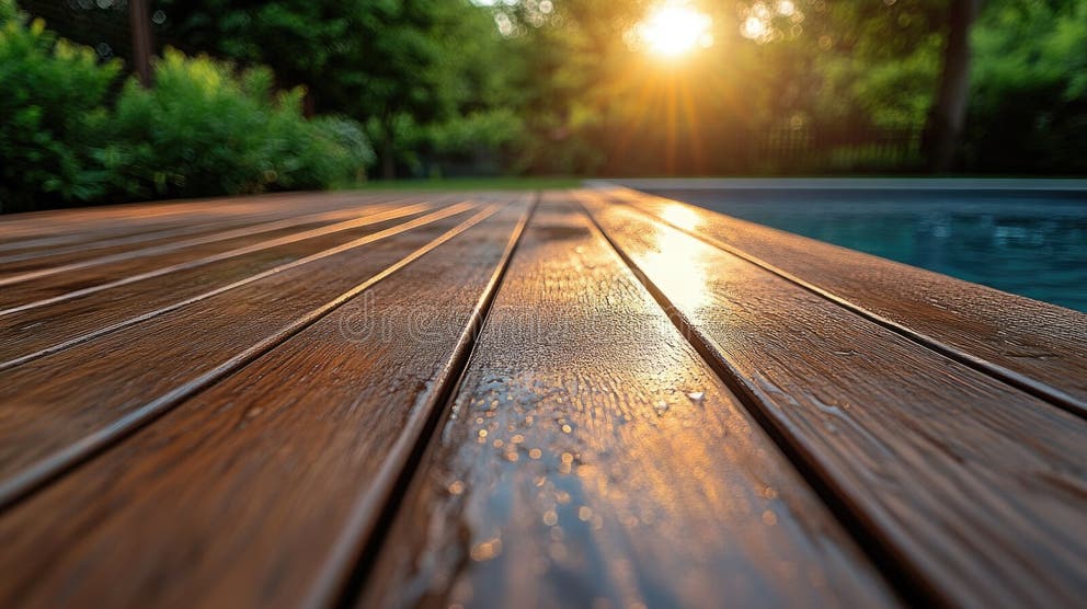 Sunlit Wooden Deck by Pool with Glowing Sunset Stock Photo - Image of ...