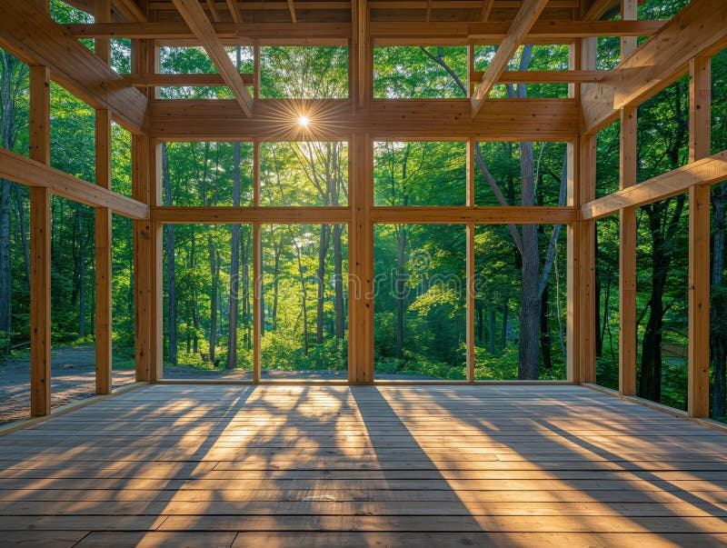 Sunlit Wooden Frame of a House in a Forest Stock Image - Image of ...