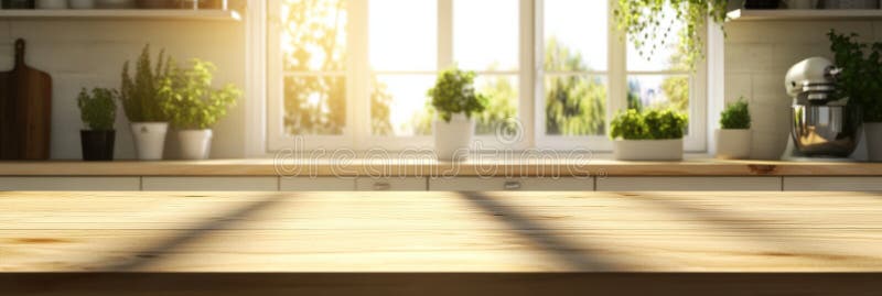 Sunlit Wooden Kitchen Counter with Fresh Greenery and Window View Stock ...