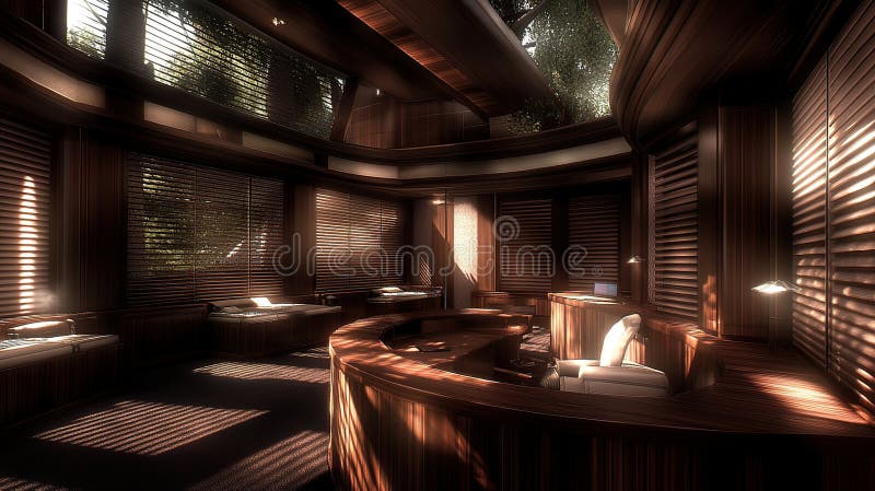 Sunlit Wooden Office, Forest View, Meeting, Design Stock Photo - Image ...