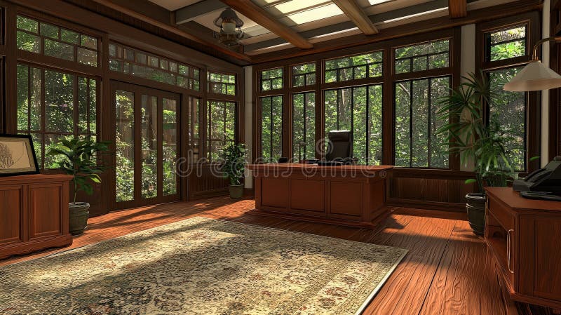 Sunlit, Wooden Office Interior, Forest View, for Background or ...