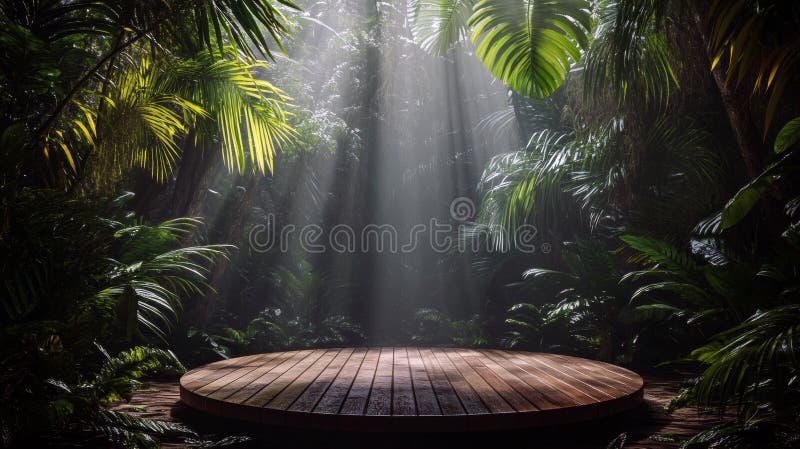 Sunlit Wooden Platform in Lush Tropical Jungle with Dense Greenery ...