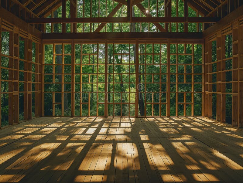 Sunlit Wooden Structure in Forest Stock Photo - Image of tranquil ...