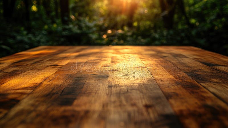 Sunlit Wooden Table in Forest Glade with Warm Natural Light Stock Photo ...
