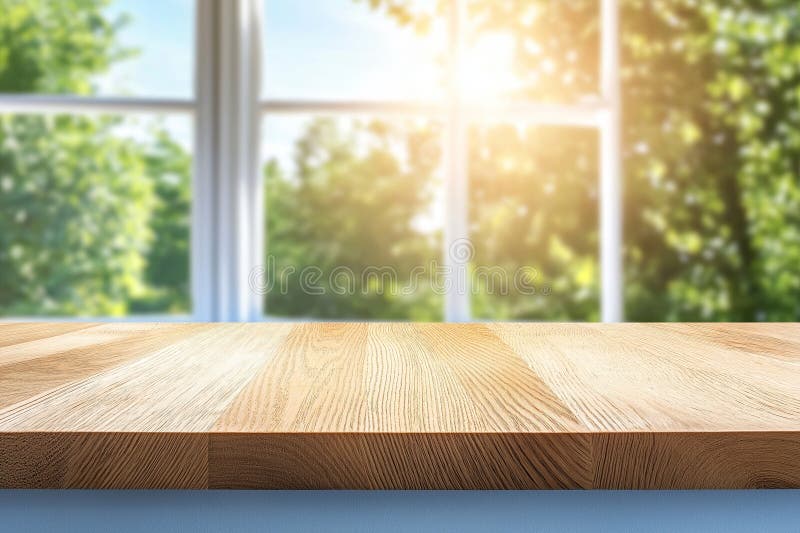 Sunlit Wooden Table in Front of Large Window Overlooking Lush Greenery ...