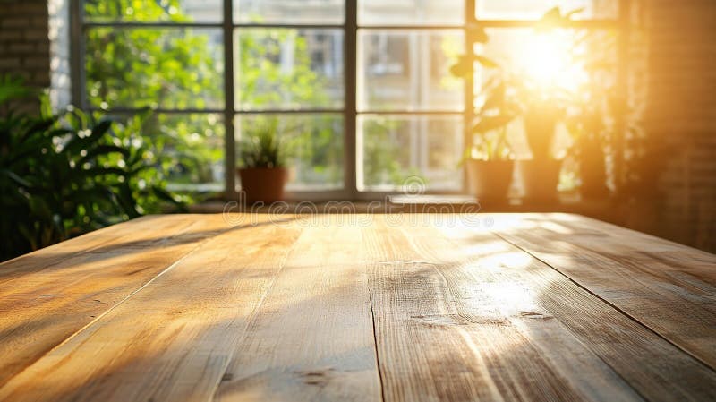 Sunlit Wooden Table Near Window with Plants Stock Photo - Image of ...