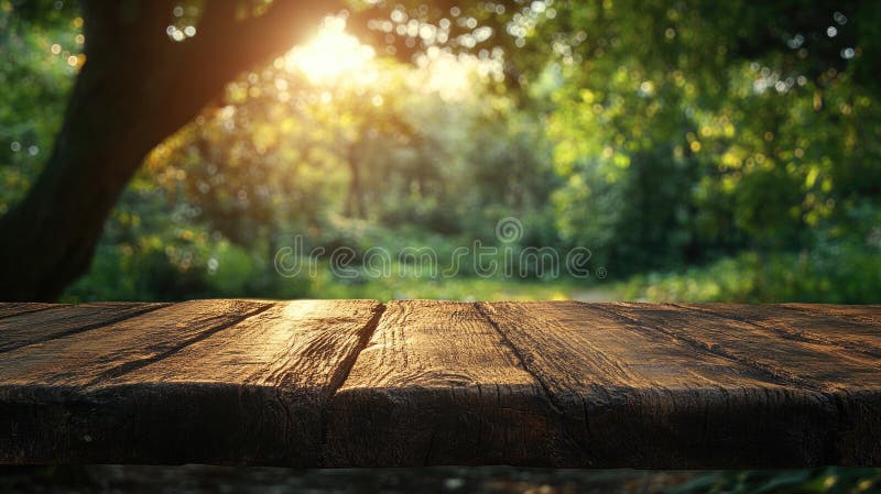 Sunlit Wooden Table Peaceful Forest Setting Sunset Stock Photos - Free ...