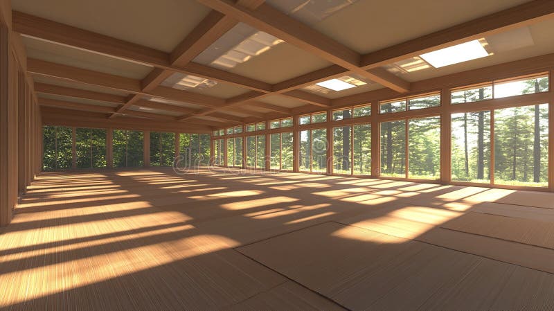 Sunlit Wooden Yoga Studio with Forest View, Mats Ready Stock Image ...