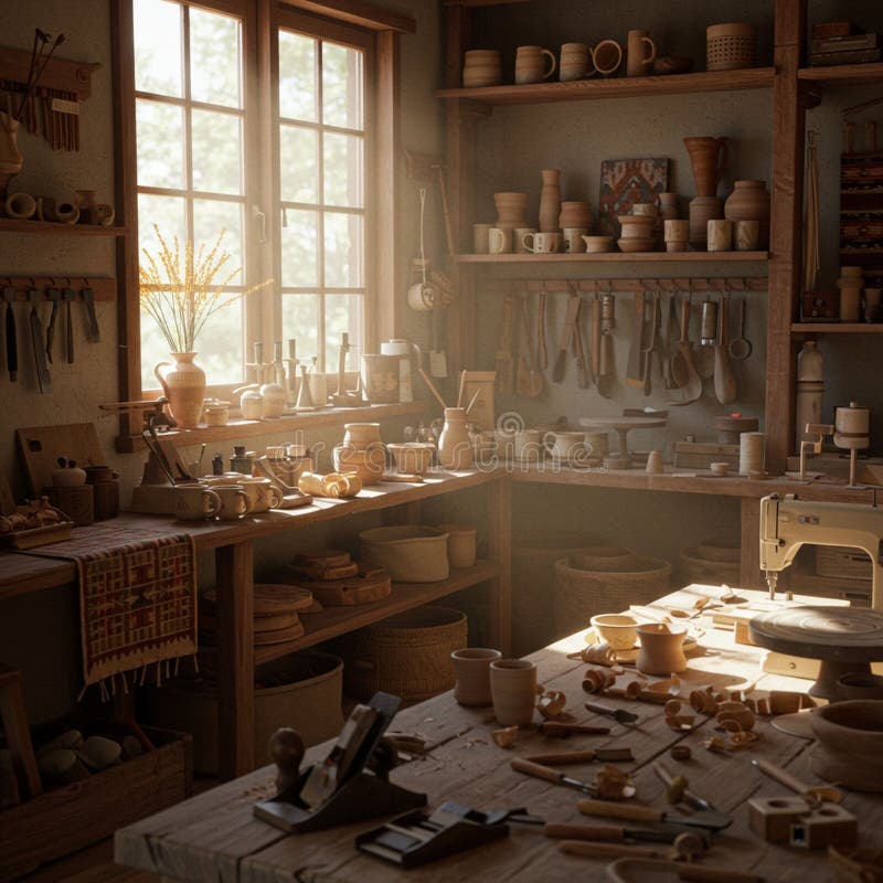 Sunlit Woodworking Studio with Wooden Shelves and Workbenches Cluttered ...