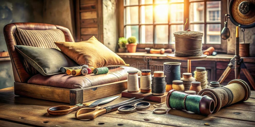 A Sunlit Workshop Scene Featuring an Antique Leather Chair with Plush Cushions, Accompanied by ...