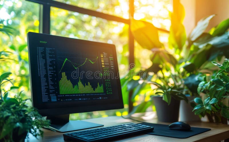 Sunlit Workspace Greenery Displaying Colorful Charts Graphs Modern Monitor Stock Photos - Free ...
