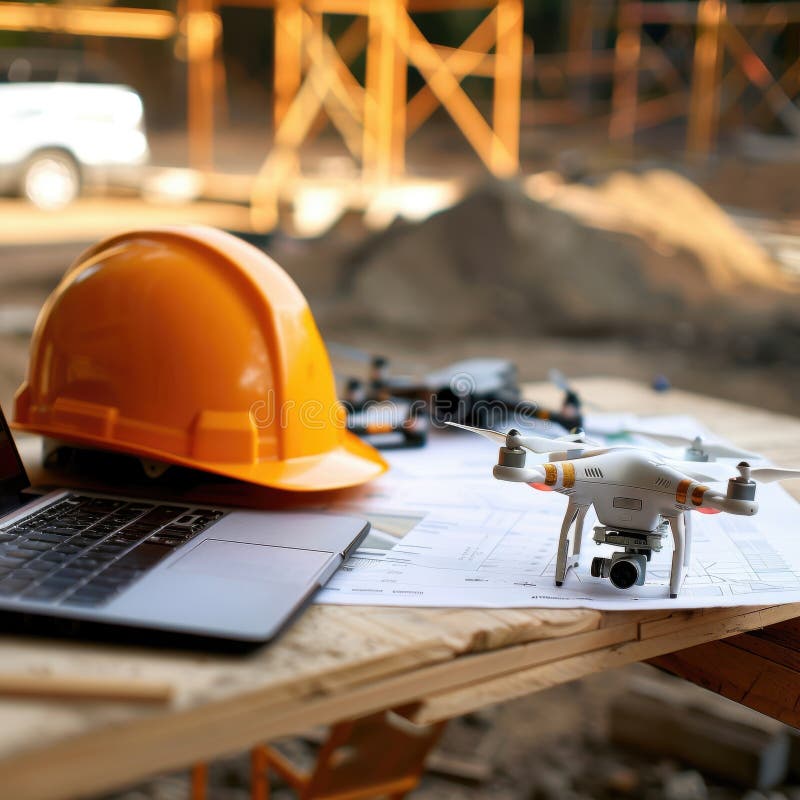 A Sunlit Worktable with a Helmet, Laptop, and Drone at a Construction ...