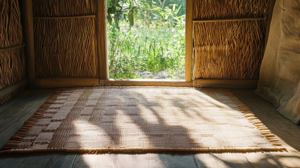 Sunlit Woven Mat Inside Rustic Bamboo Hut Stock Illustration ...