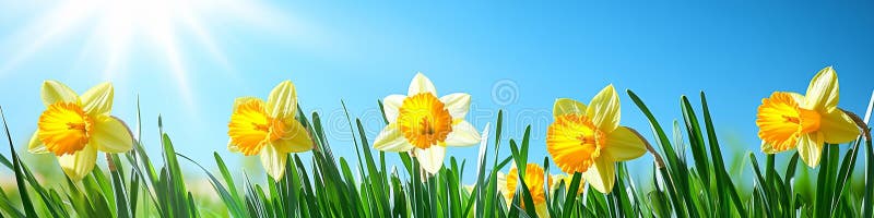 Sunlit Yellow Daffodils with Green Grass, a Spring Flower Banner Image ...