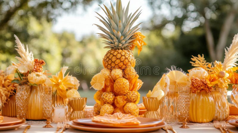 Sunlit Yellow and Gold Pineapple Fruit Centerpiece Stock Illustration ...