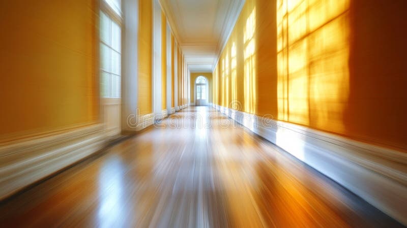 Sunlit Yellow Hallway with Wooden Floor and Windows Stock Illustration ...