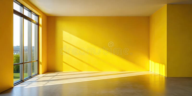 Sunlit Yellow Room Interior with Large Window and Concrete Floor ...
